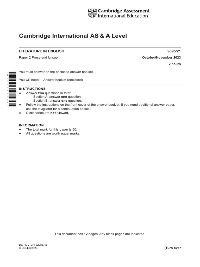 Cambridge International AS & A Level: Literature in English 9695/21 | PDF