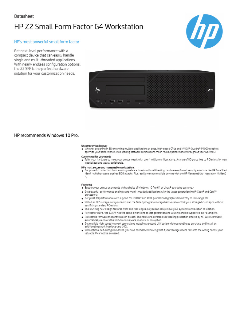 HP Workstation Z2 SSF G4 Datasheet | Download Free PDF | Windows 10 | Intel