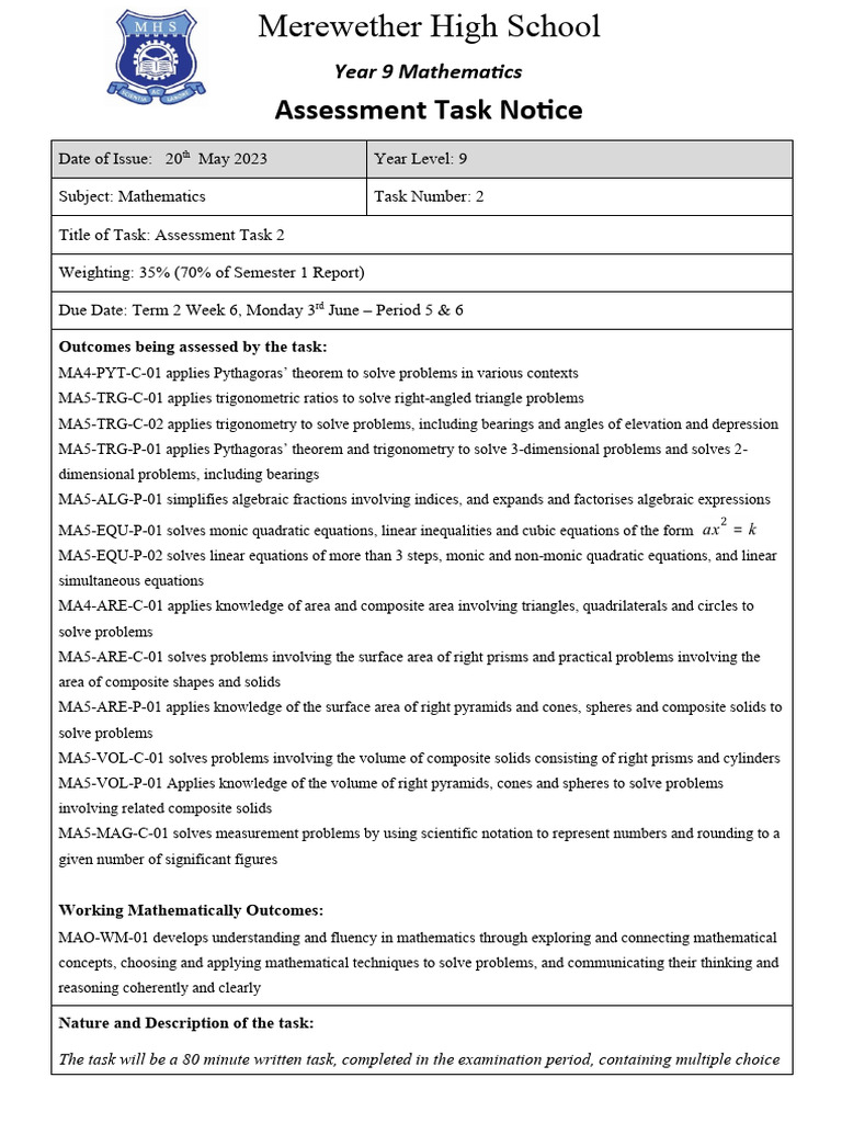 Year 9 2024 AT2 Assessment Notification | PDF | Equations | Area