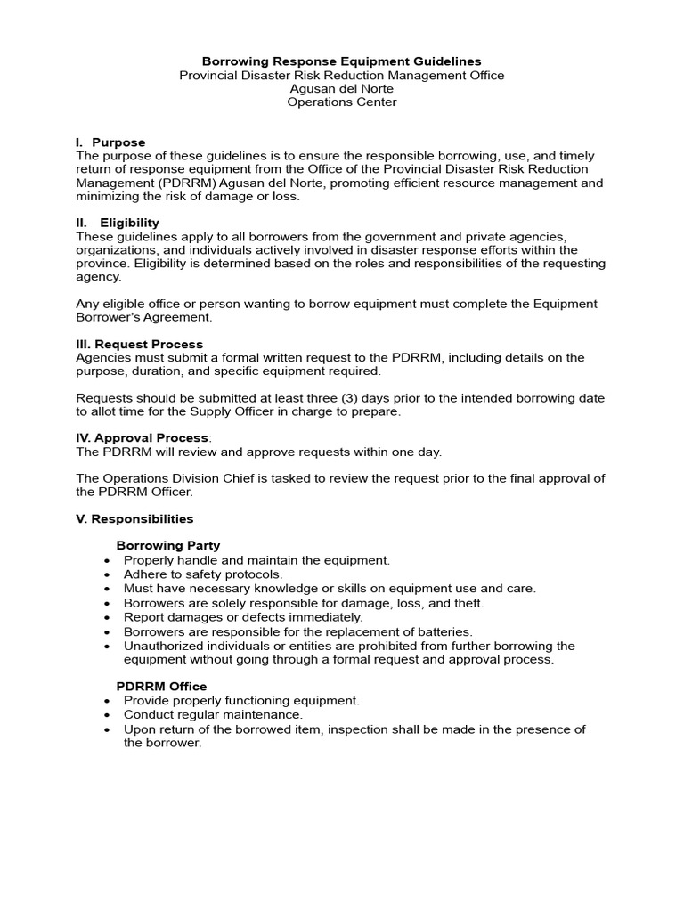 Equipment Borrowing Guidelines for Disaster Response | PDF