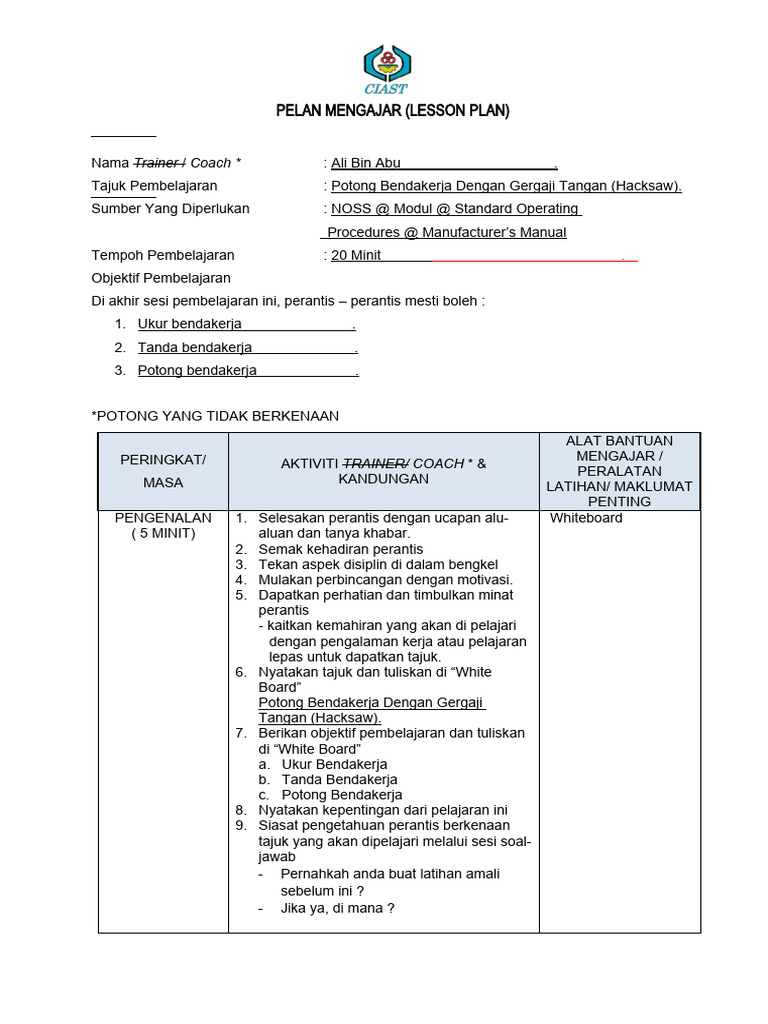 CONTOH LESSON PLAN - Ukur Tanda Potong Benda Kerja | PDF