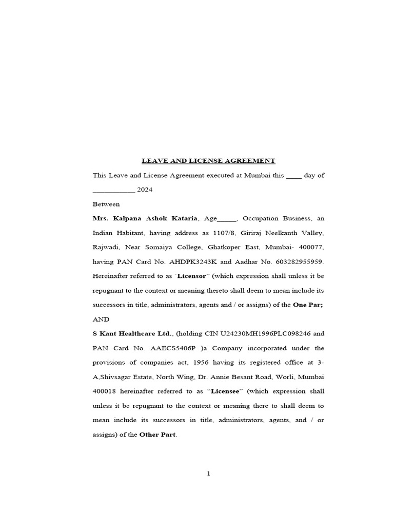Pre-Liminary Draft-1 of Leave and License Agreement | PDF | License ...