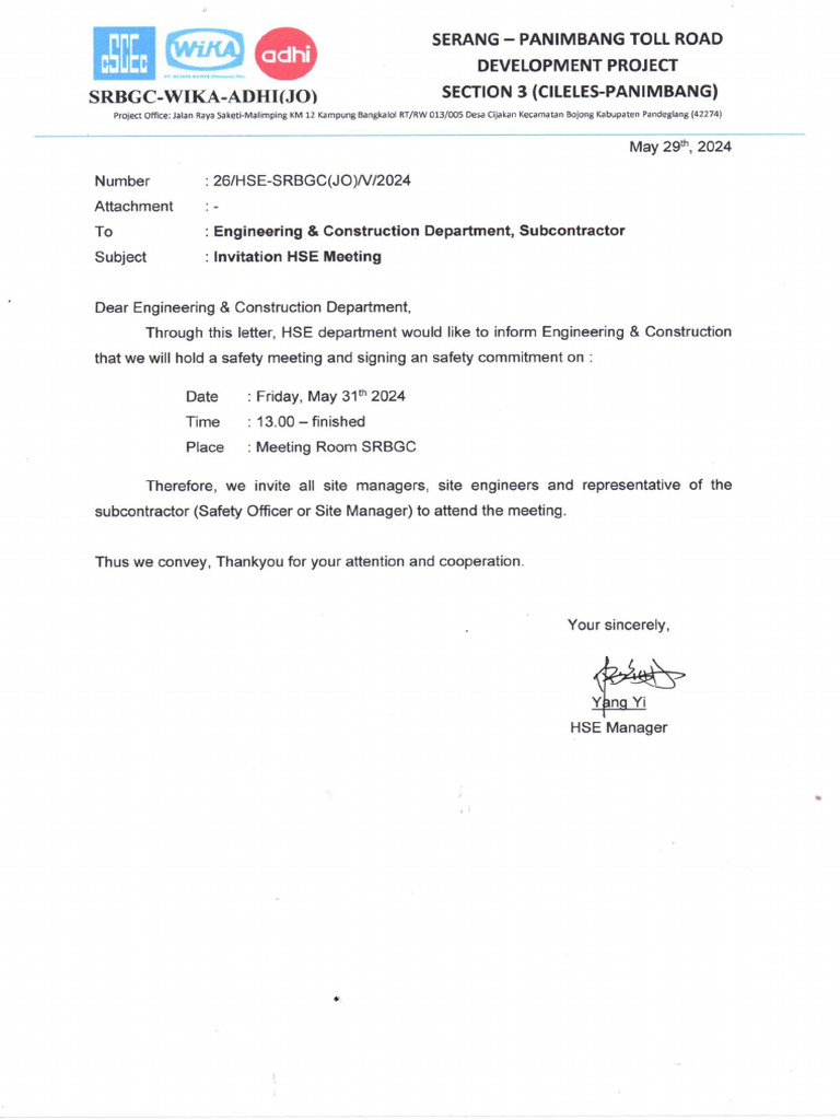 Invitation Letter For HSE Meeting | PDF