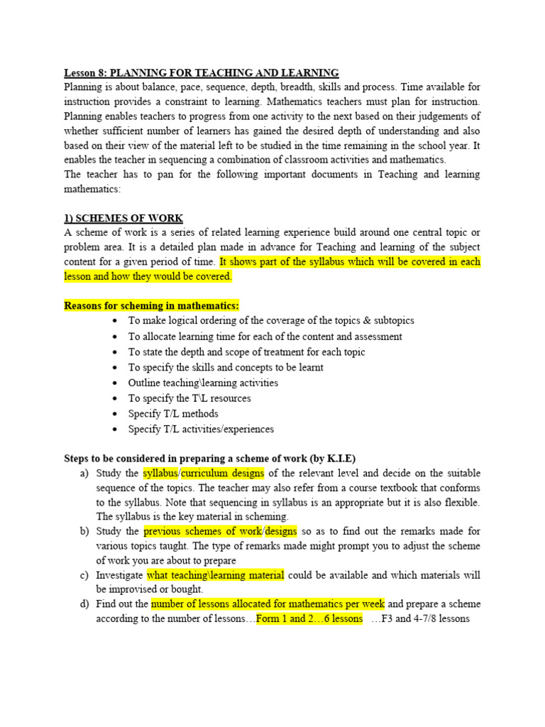 Lesson 8-Planning For Teaching and Learning-1 | PDF | Learning | Teachers