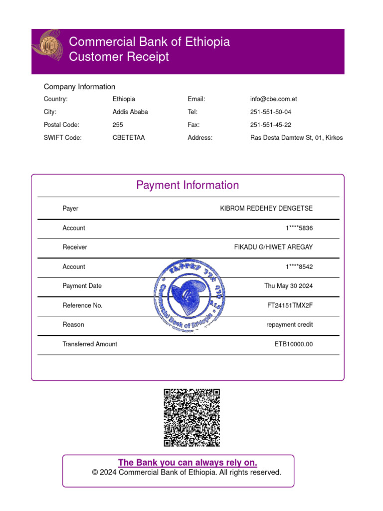 CBE Customer Payment Receipt 2024 | PDF