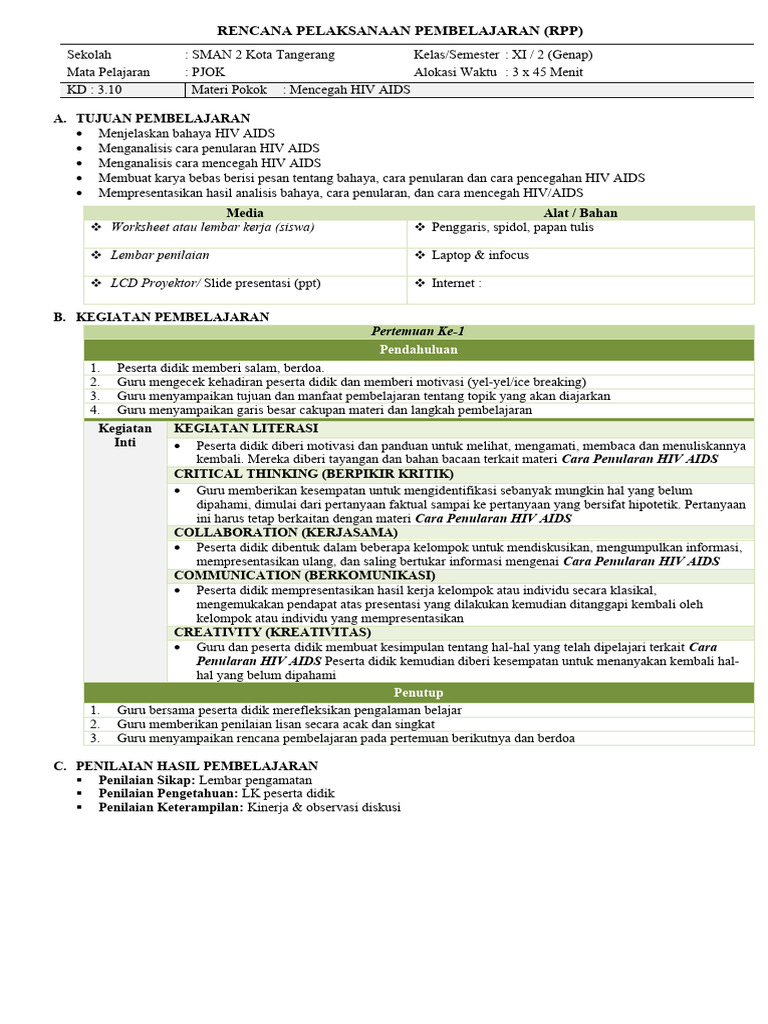 10.1 Mencegah Hiv Aids RPP II Pjok Kelas 11 | PDF
