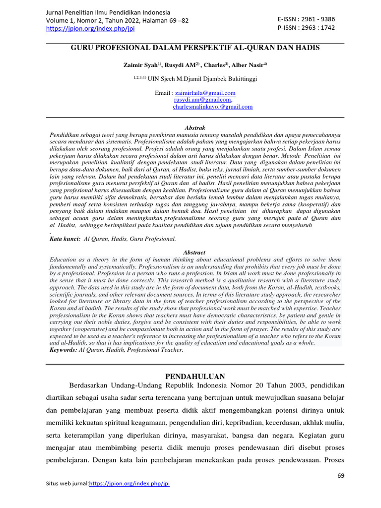 Guru Profesional Dalam Perspektif Al-Quran Dan Hadis: UIN Sjech M.Djamil Djambek Bukittinggi ...