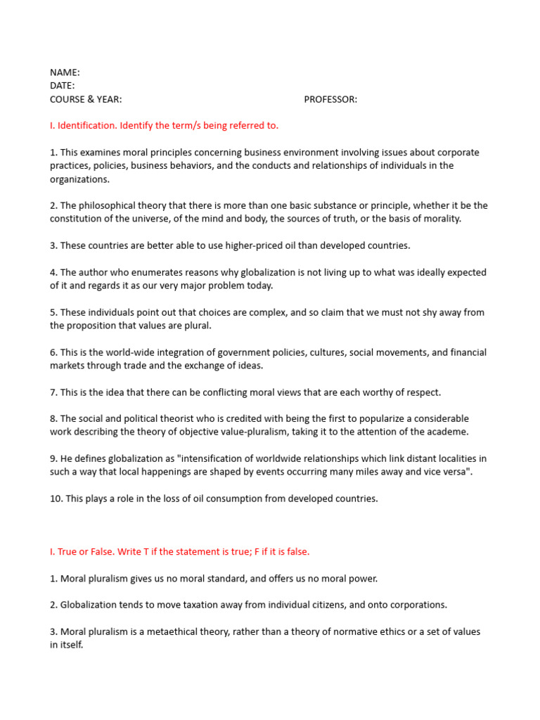 Globalization Worksheet | Download Free PDF | Globalization | Morality