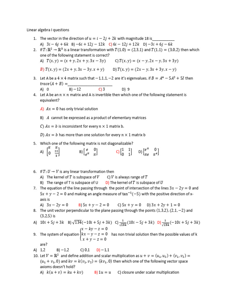 Linear Algebra I Questions Pdf Linear Map Matrix Mathematics 