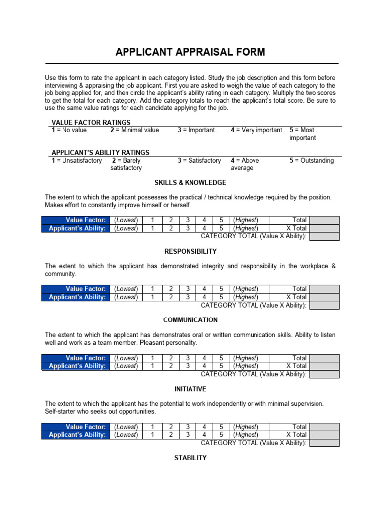 Applicant Appraisal Form - Evaluation D559 | PDF | Industrial And Organizational Psychology ...