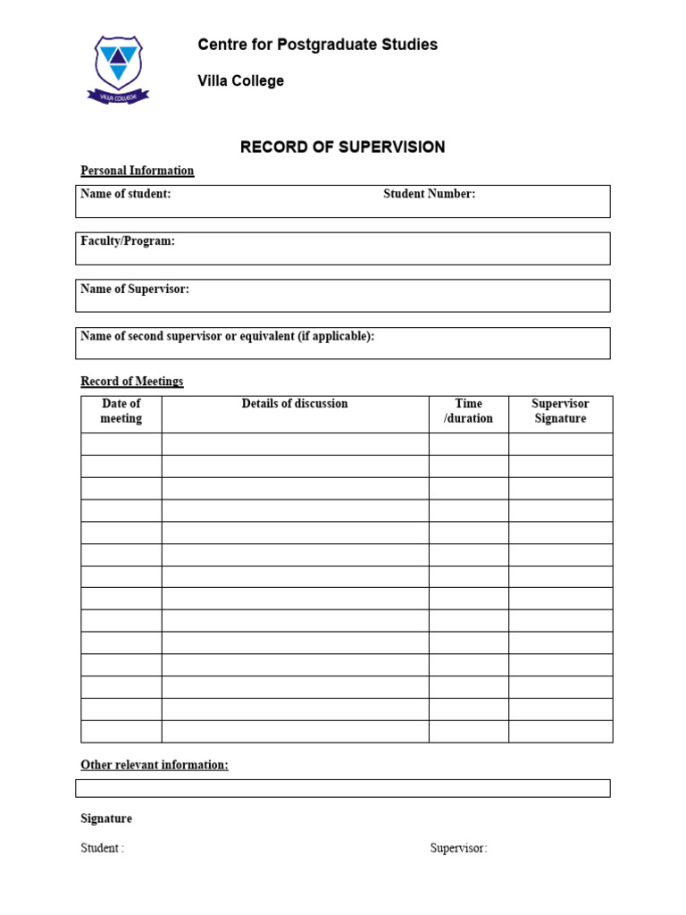 Postgraduate Supervision Record Template | PDF