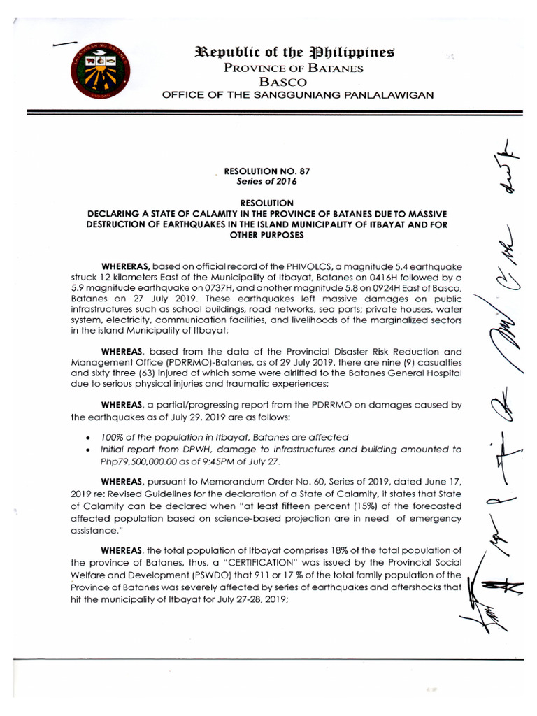 Batanes SP Resolution 2019 87 - Declaration of A State of Calamity | PDF