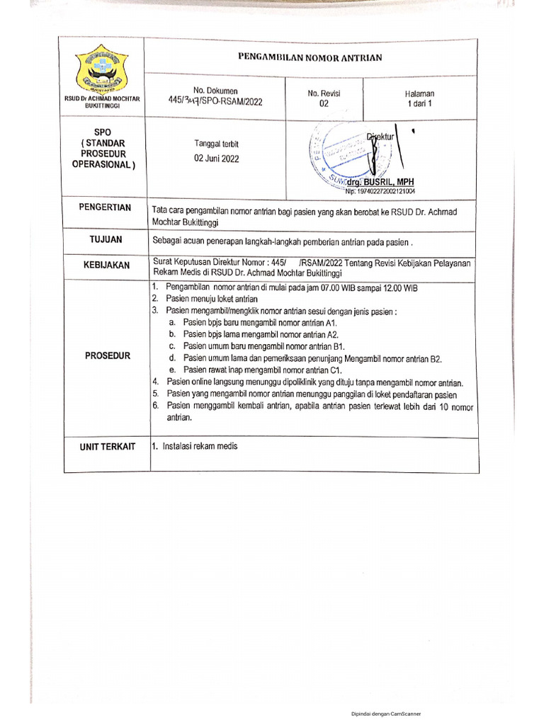 SOP Pengambilan Nomor Antrian | PDF