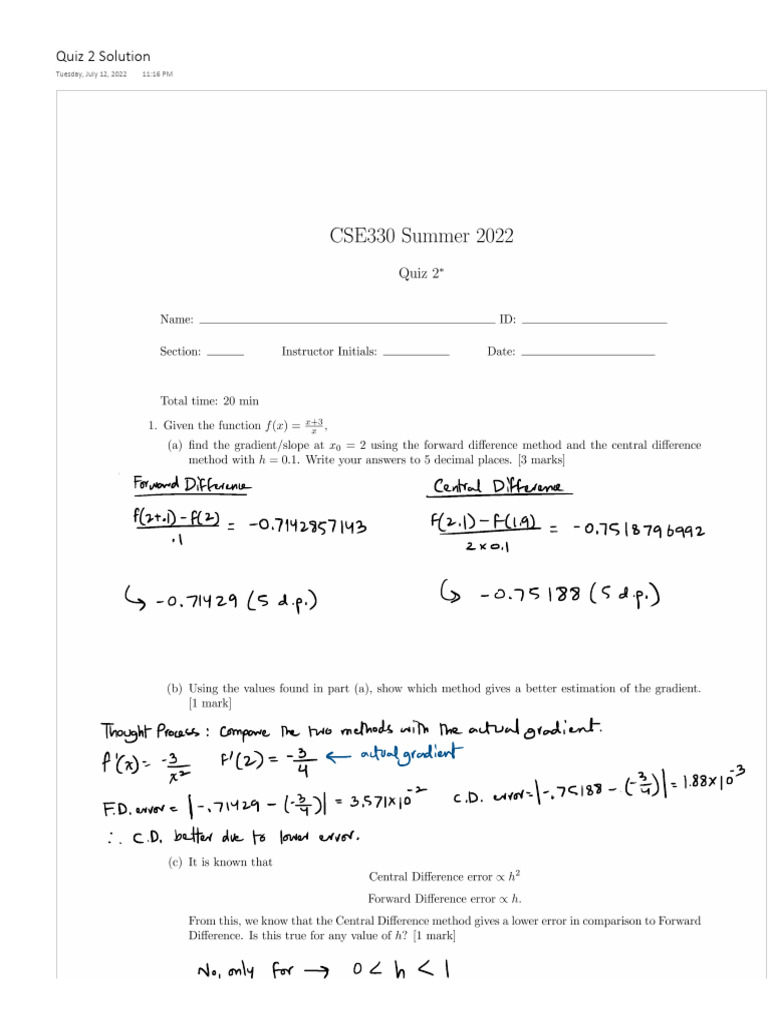 CSE330 Summer2022 Quiz2 Solution | PDF