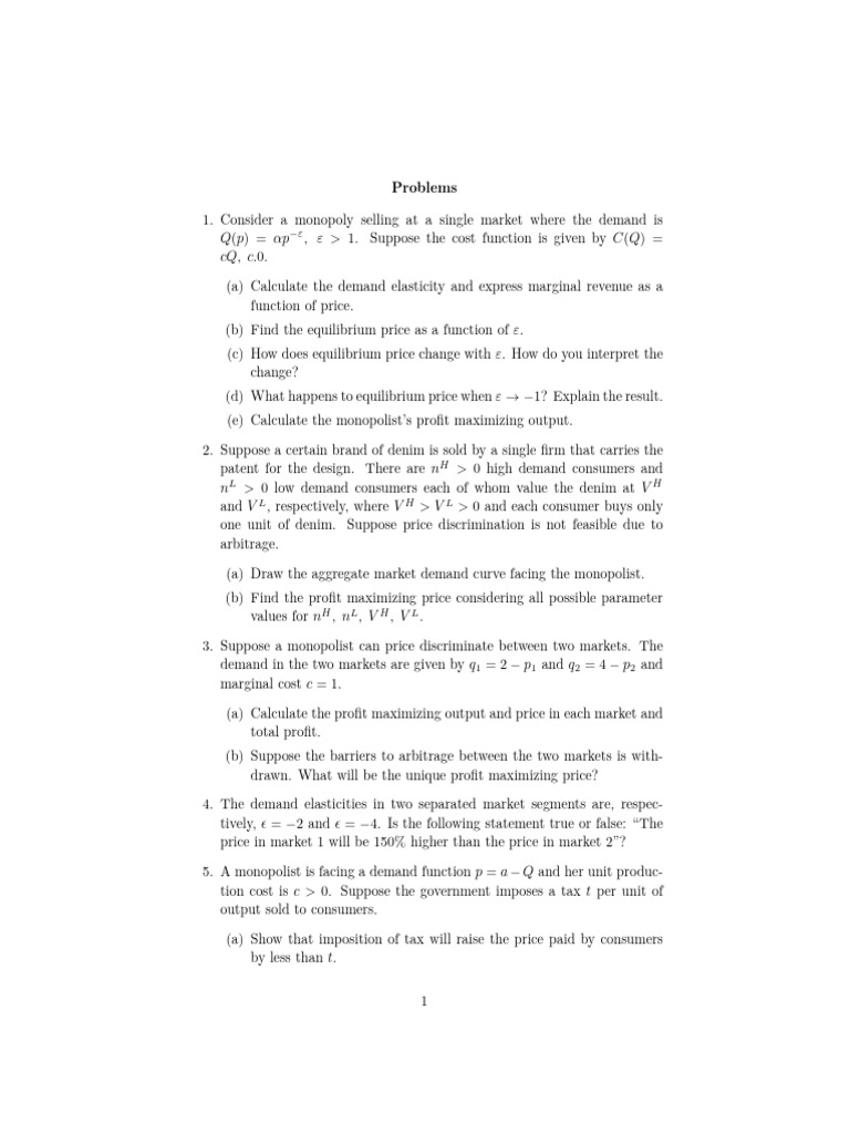 Problems 1 | PDF | Profit (Economics) | Monopoly