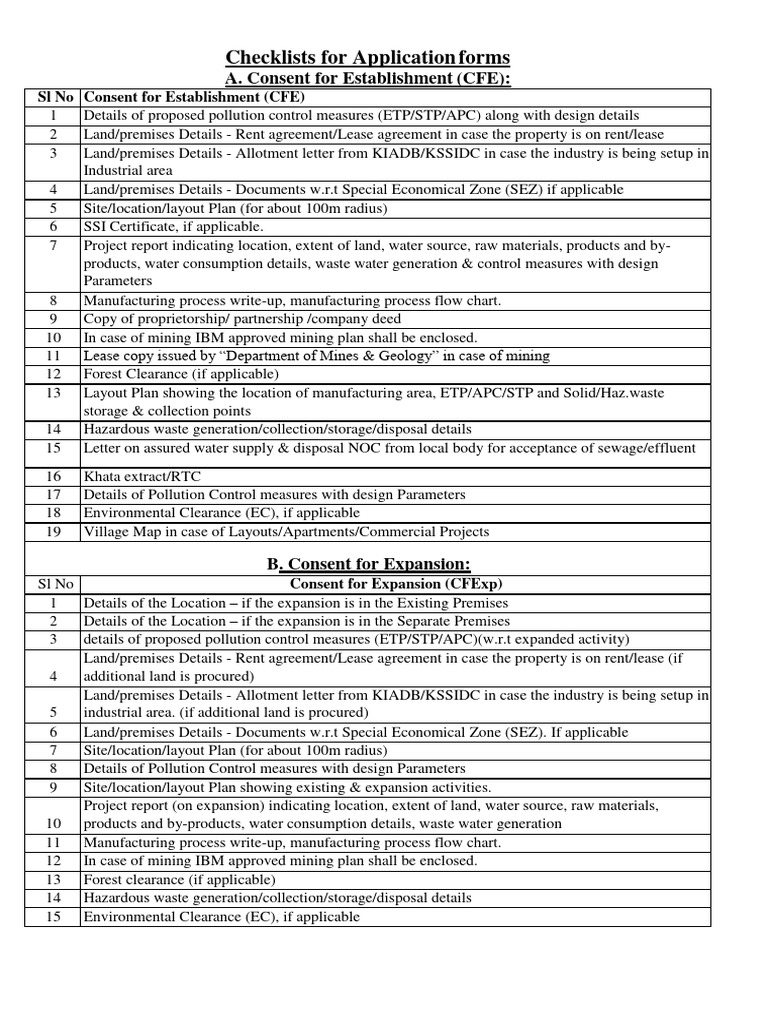 KSPCB Application Forms Checklist | PDF | Hazardous Waste | Waste