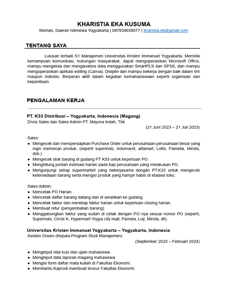 JOBSTREETEXPRESS KharistiaEkaKusuma Resume 20240608 | PDF