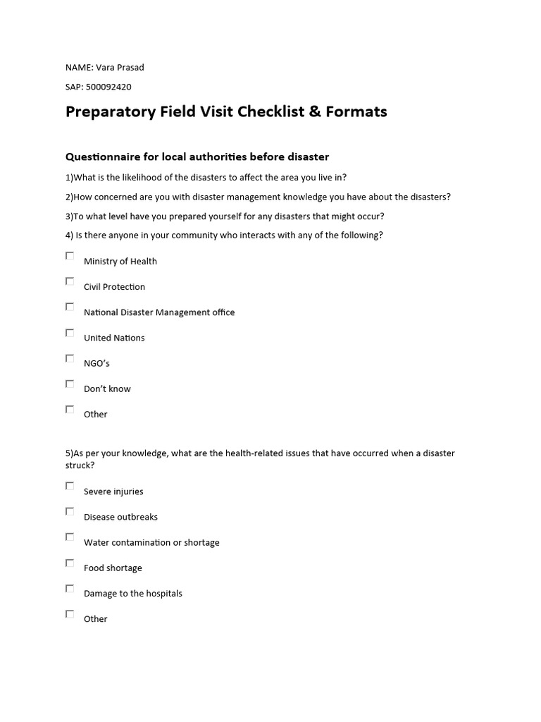 Preparatory Field Visit Checklist by Prasad | PDF | Emergency ...