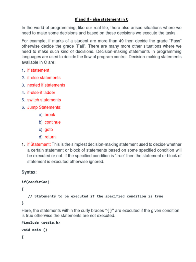 If and If Else in C | Download Free PDF | Control Flow | Software Development