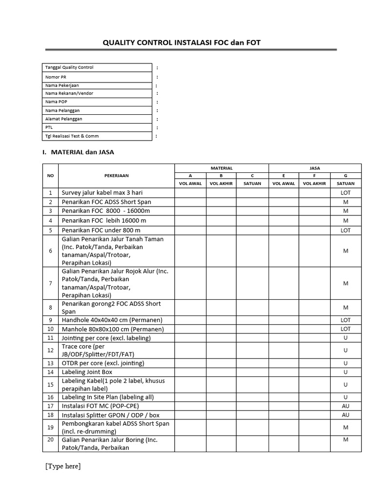Quality Control FOC & FOT Installation | PDF | Equipment
