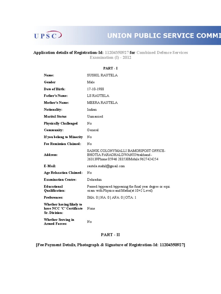 CDS Exam Application: Sushil Rautela | PDF