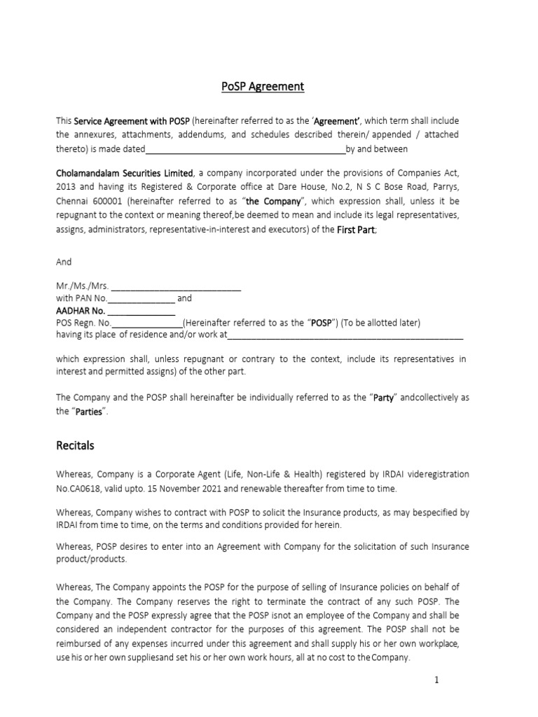 POSP Agreement Form | Download Free PDF | Indemnity | Insurance