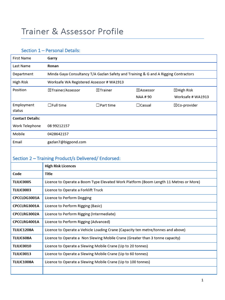 Trainer & Assessor Profile: Section 1 - Personal Details | PDF | Crane ...