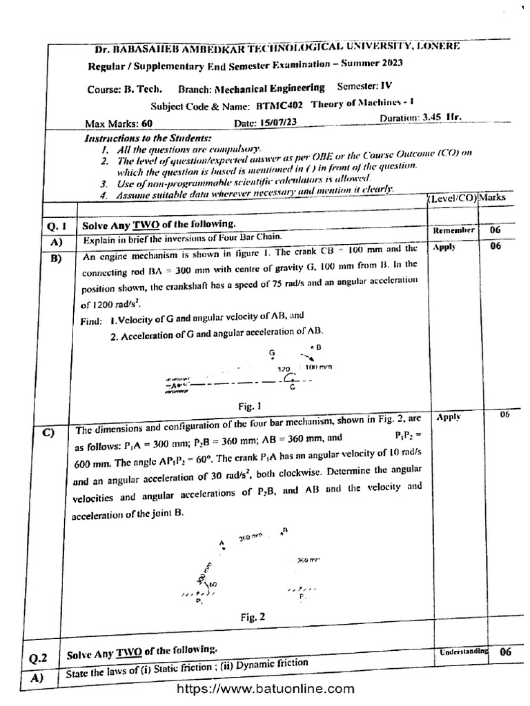 Btech Mech 4 Sem Theory of Machines 1 Btmc402 July 2023 | PDF Btech Mech 4 Sem Theory of Machines 1 Btmc402 July 2023 | PDF