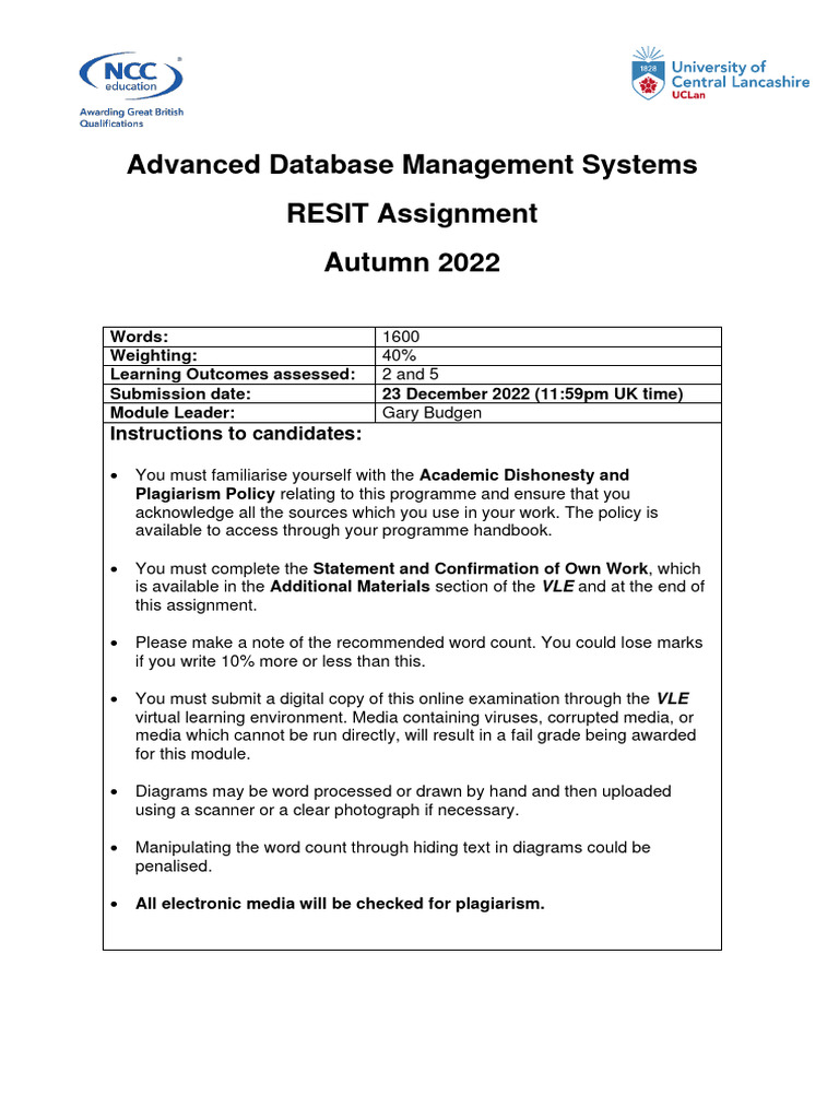 ADMS Assignment Resit Autumn 2022 | PDF | Databases | Plagiarism