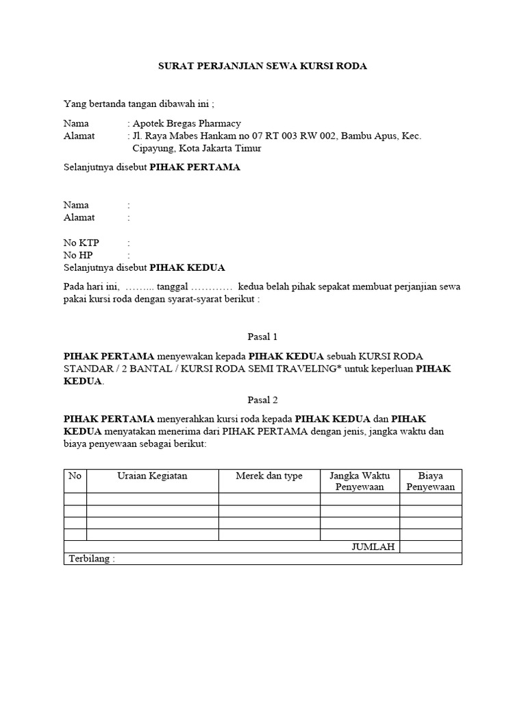 SURAT PERJANJIAN SEWA KURSI RODA | PDF