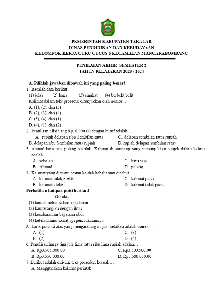 Soal UAS 2 BHS. Indonesia Kls 4 | PDF