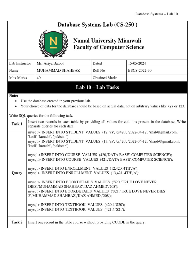 NUM-BSCS-2022-30 Lab 10 6645890a3a86b | PDF | Table (Database) | Databases