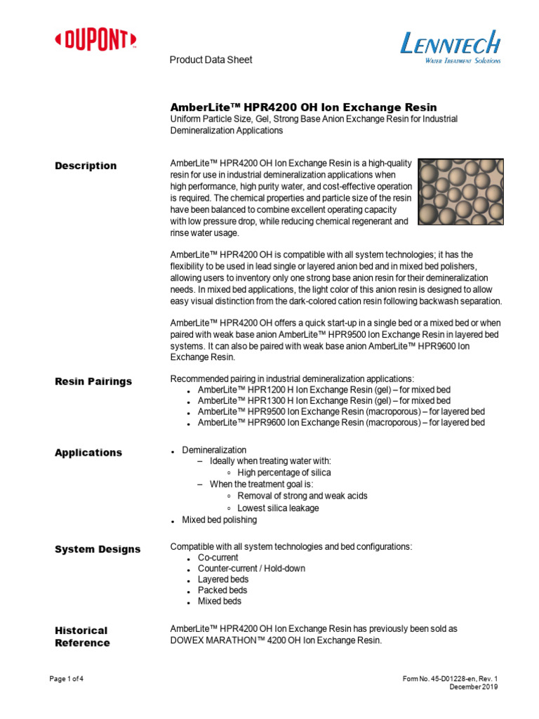 IER AmberLite HPR4200 OH PDS 45 D01228 en | PDF | Ion Exchange | Ion
