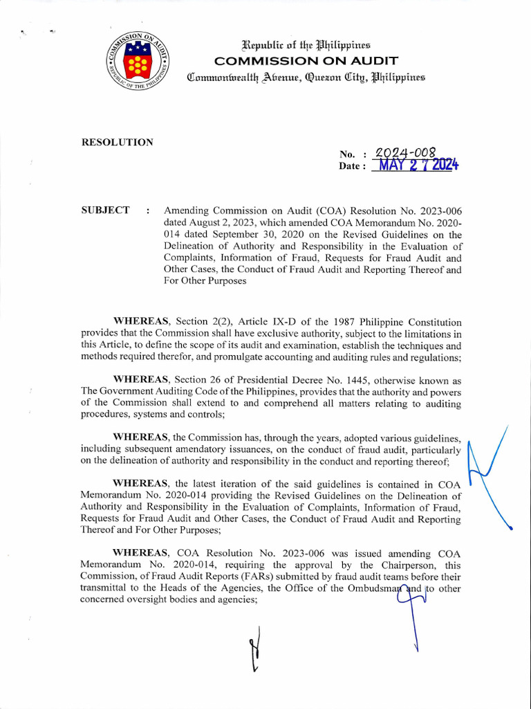 COA RESOLUTION NO. 2024 - 008_0001 | PDF | Audit | Justice