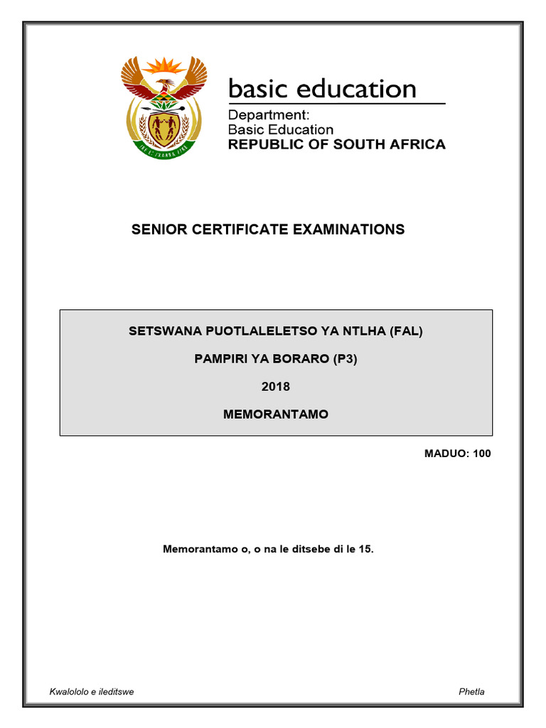 Setswana FAL P3 May-June 2018 Memo | PDF