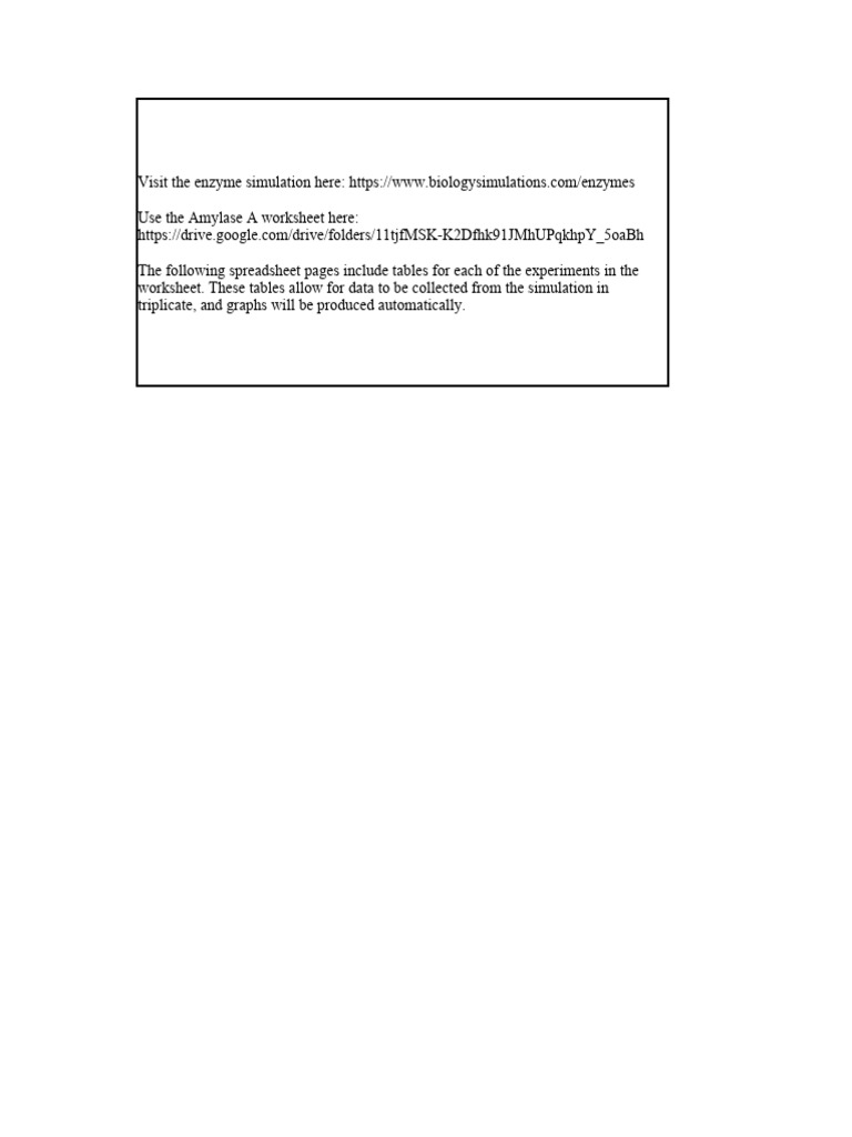 Enzyme Simulation - Amylase A - SPREADSHEET | PDF | Enzyme | Starch Enzyme Simulation - Amylase A - SPREADSHEET | PDF | Enzyme | Starch