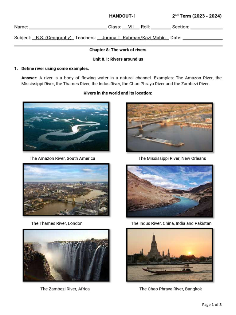Class VII B.S. (Geography) Handout-1 | PDF | Drainage Basin | River
