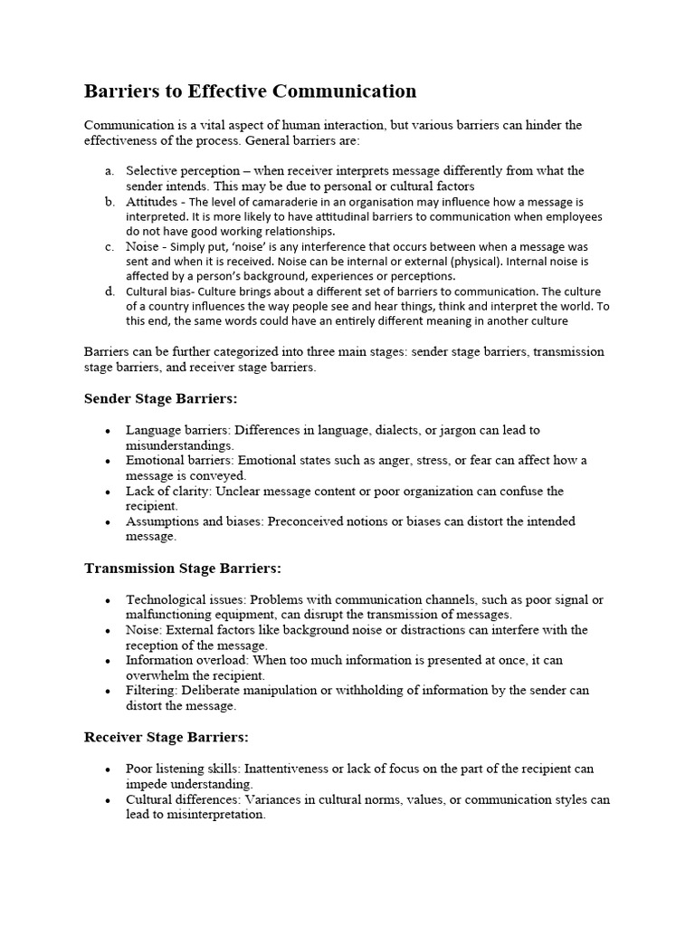 Barriers To Effective Communication | PDF | Communication | Cognitive ...