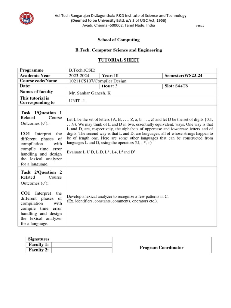 Compiler Design Tutorial Sheet | PDF