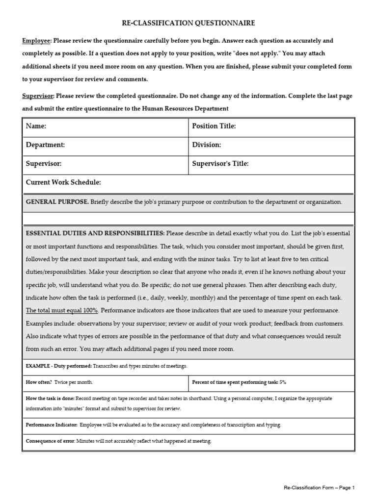 Job Re-Classification Questionnaire | PDF | Expense | Supervisor