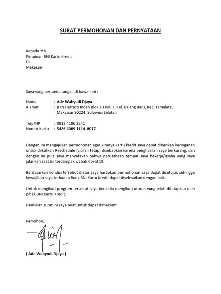 SURAT PERMOHONAN DAN PERNYATAAN RESCHEDULE KARTU KREDIT BNI GOLD | PDF