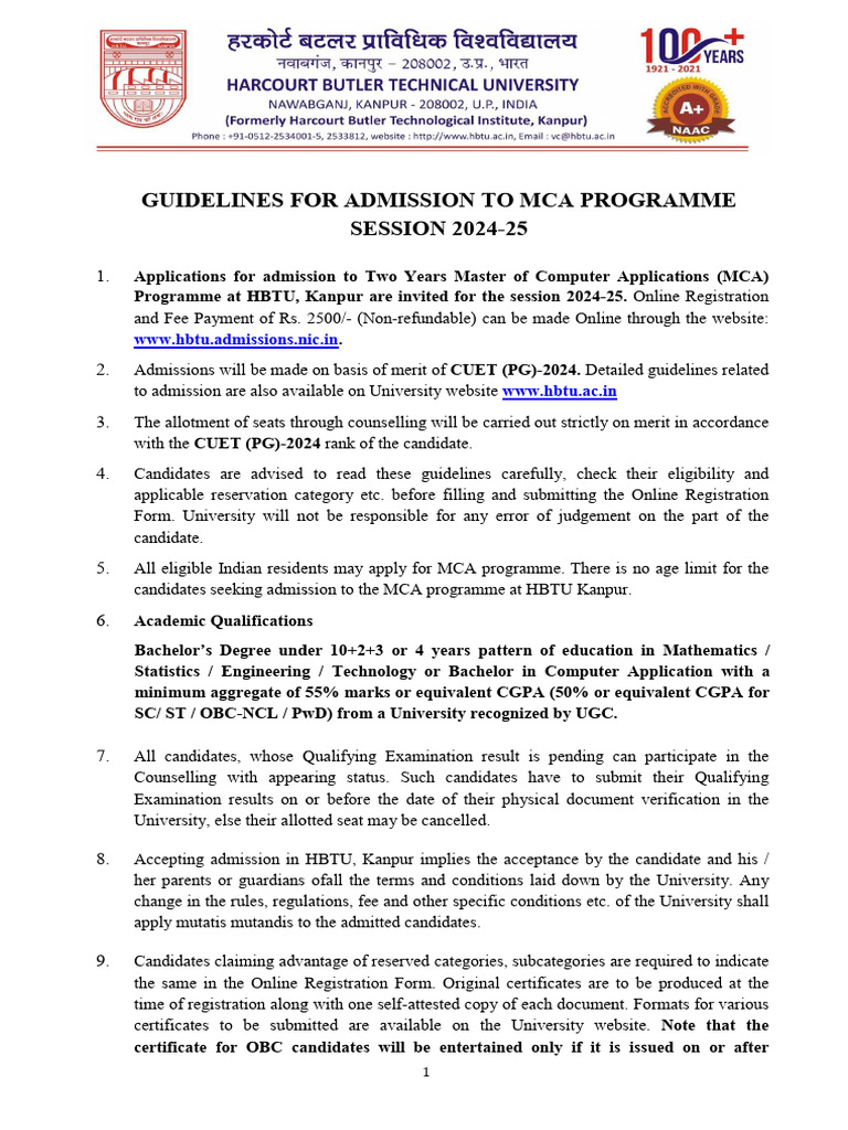 Guidelines For MCA Programme 2024-25 | PDF