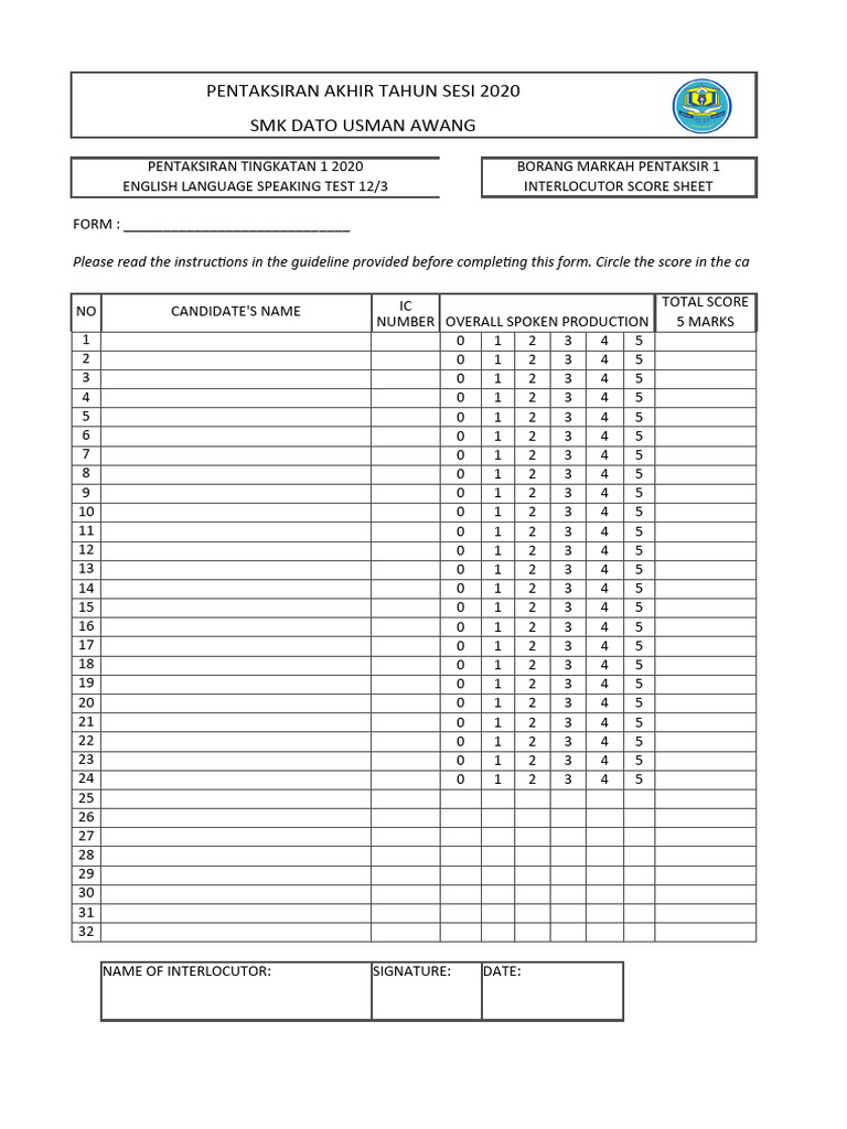 Speaking Test Score Sheet Form 1 | PDF