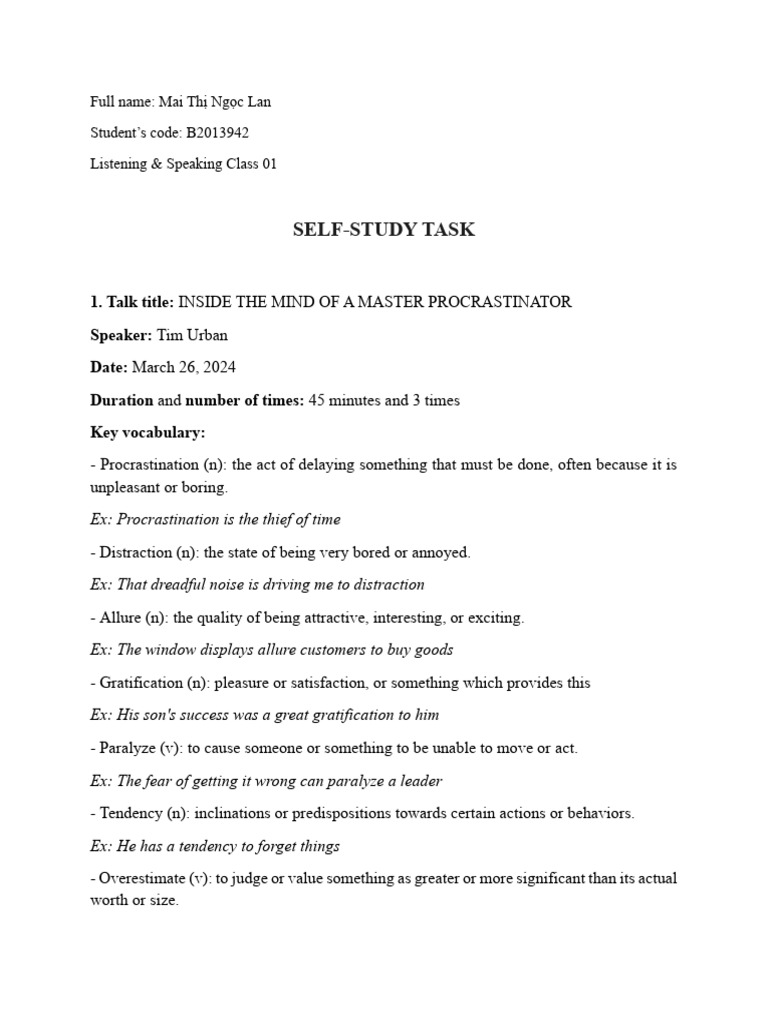 Self Study Task Listening | PDF | Nonverbal Communication | Procrastination