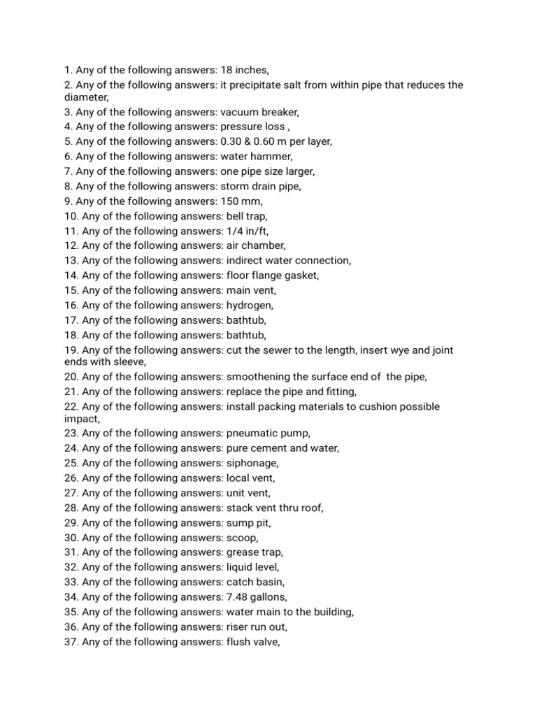 Master Plumber Elements Bank - 23 (ANSWERS) | PDF | Pipe (Fluid Conveyance) | Water