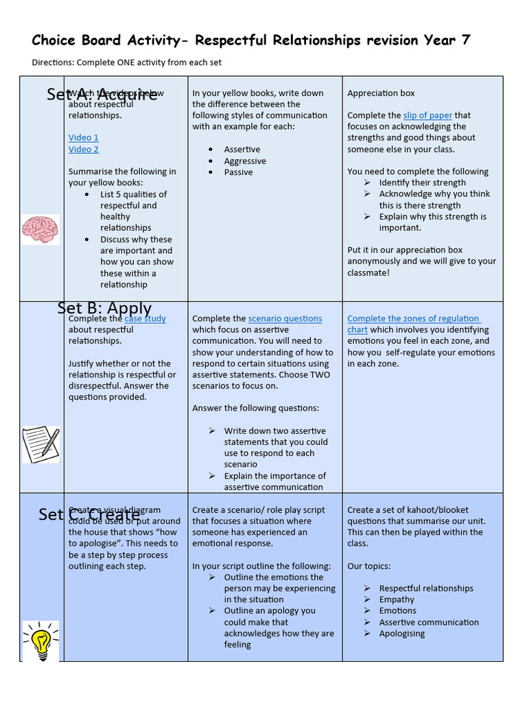 Choice Board Activity - Term 2 | PDF | Communication | Emotions