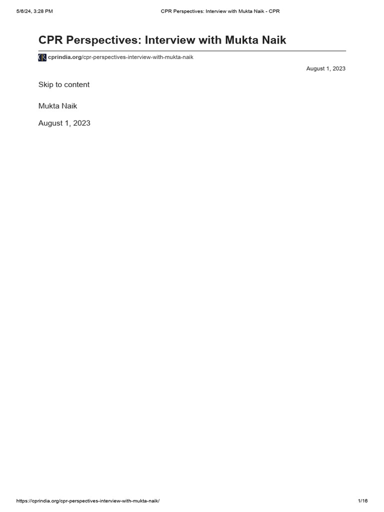 CPR Perspectives - Interview With Mukta Naik - CPR | PDF | Human ...