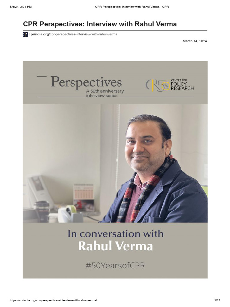 CPR Perspectives - Interview With Rahul Verma - CPR | PDF | Political ...