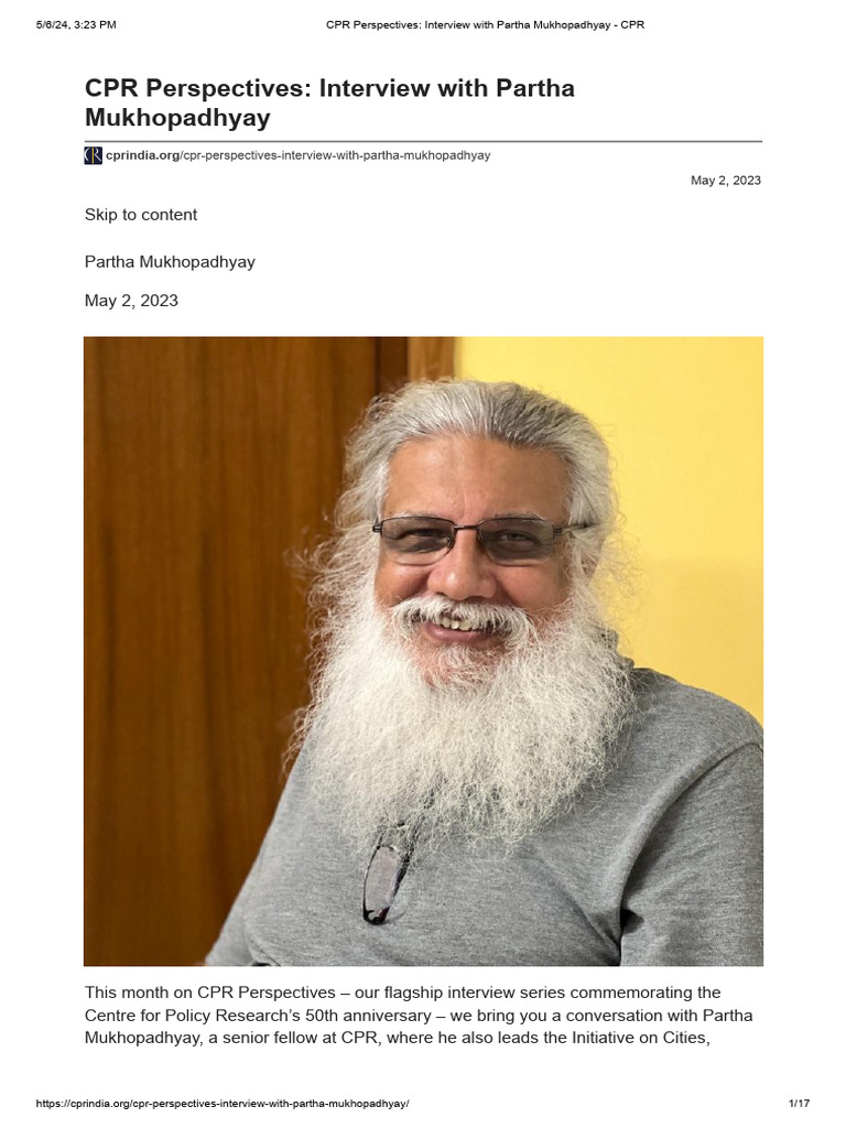 CPR Perspectives - Interview With Partha Mukhopadhyay - CPR | PDF | Urbanization | Policy