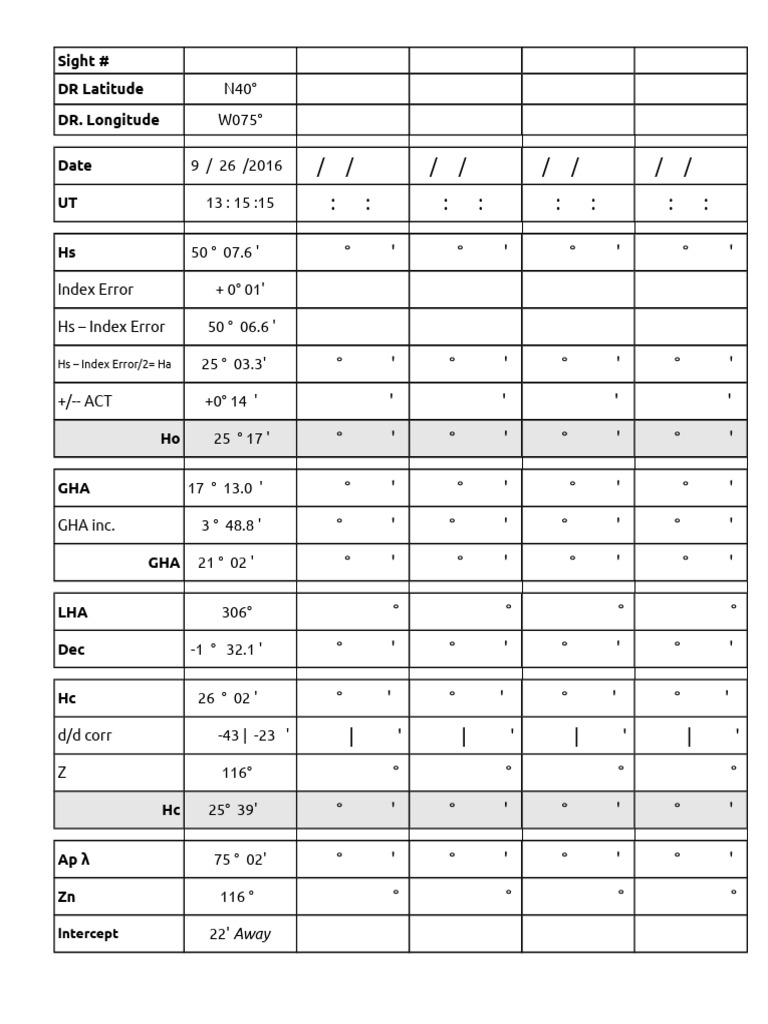 Complete Sunsight Reduction Procedure Using AH | PDF | Longitude | Horizon